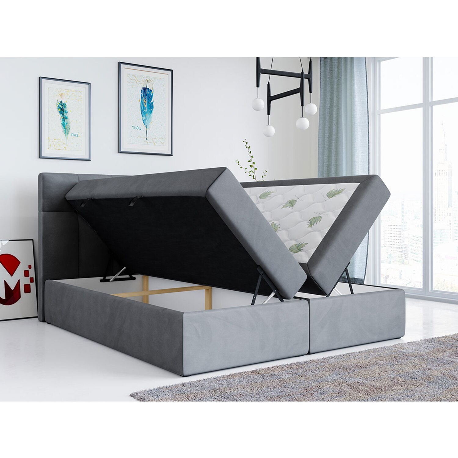 Pat dublu tapitat cu saltea, Mks Memble, 160 x 200 cm, Lemn, Gri - eMAG.ro