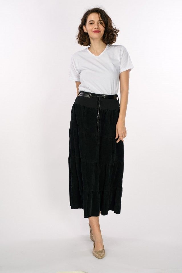 Fusta din catifea subtire raiata, culoarea negru, Marimea L - eMAG.ro