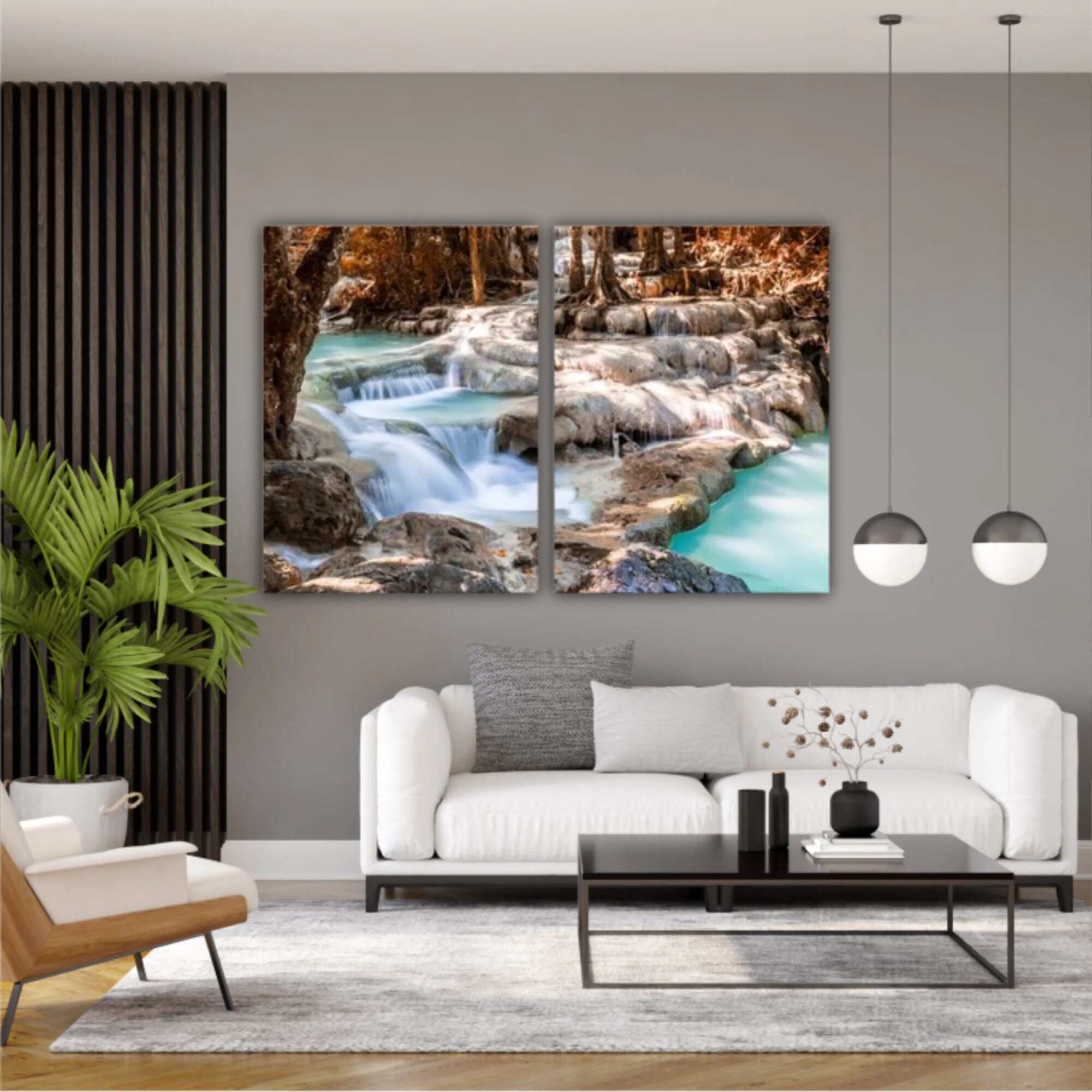 Set 2 Tablouri pe banner, Cascada si apa albastra de smarald in padurea ...