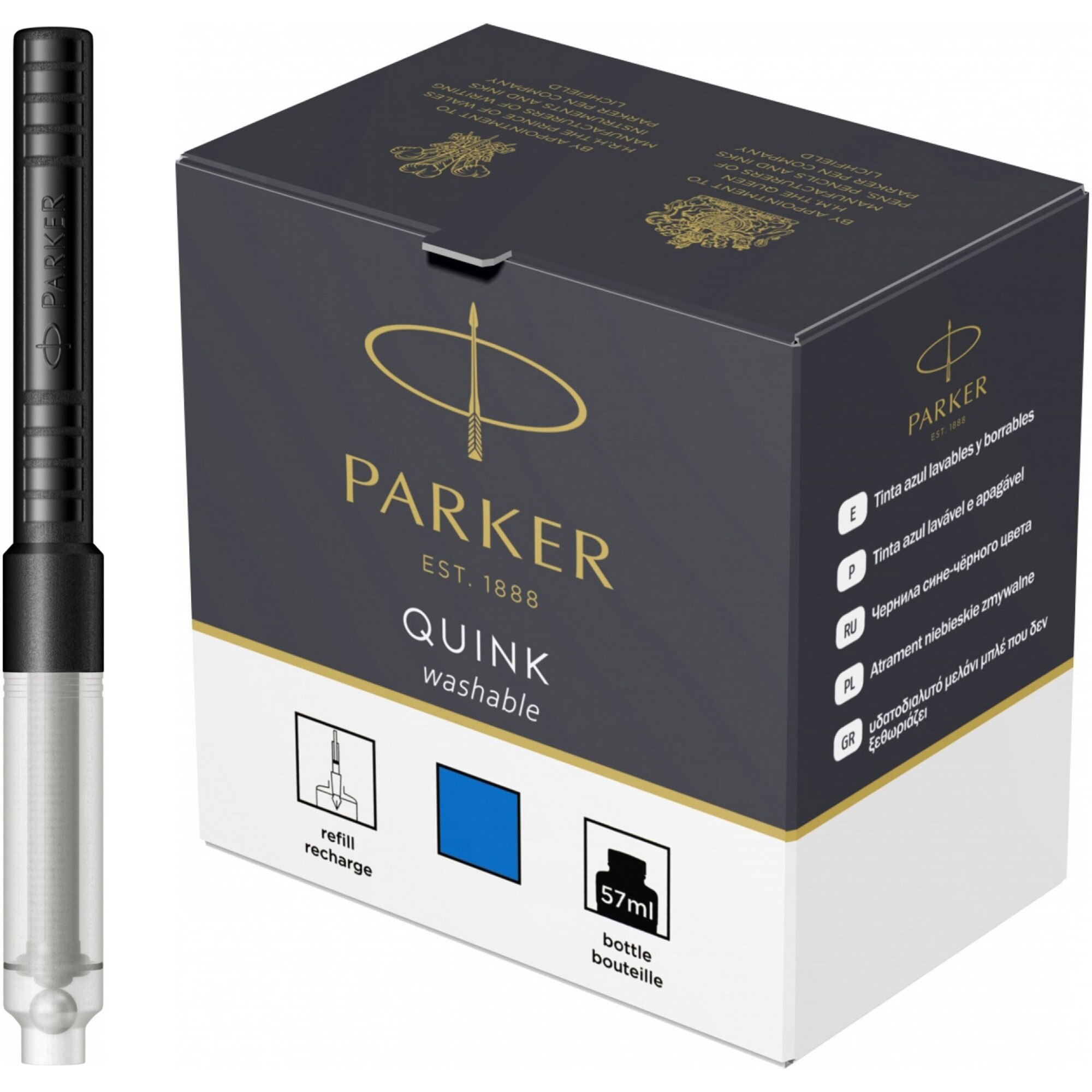 Set Parker calimara cerneala Quink albastru washable 57 ml + convertor ...