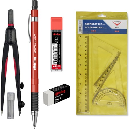 Set Rotring compas scolar + creion mec Visu 0.7 + etui mine 0.7 HB ...