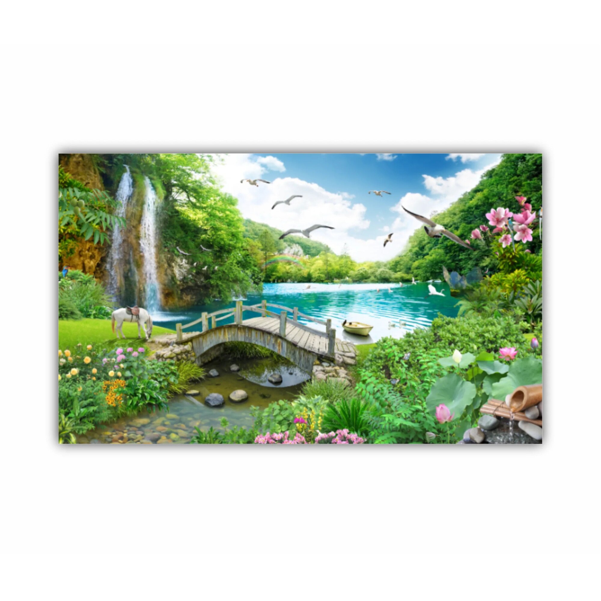 Tablou Canvas, 1 piesa, vedere tropicala cu cascada - lac - pasare ...