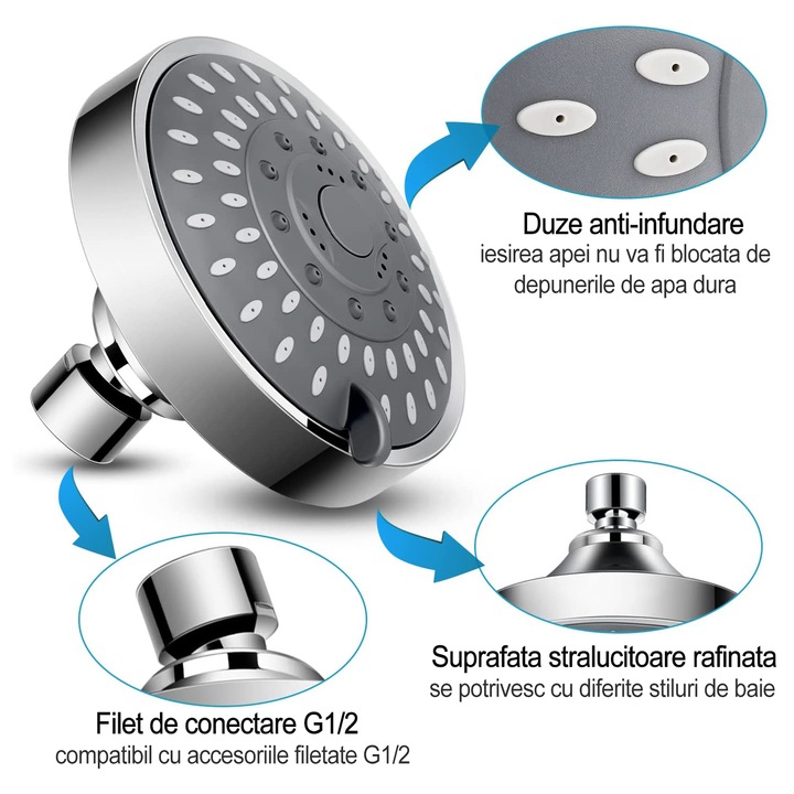 Cap de dus cu 5 setari, YWX, cap de dus supraalimentat, reglabil, ABS ...