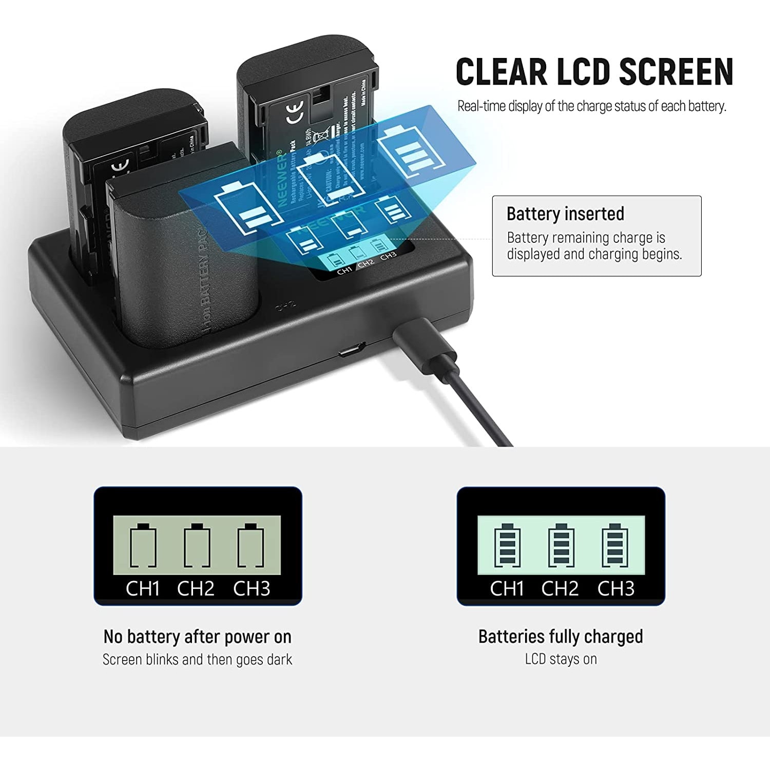 Set de 3 acumulatori LP-E6 2000 mAh, cu incarcator triplu cu afisaj LCD ...