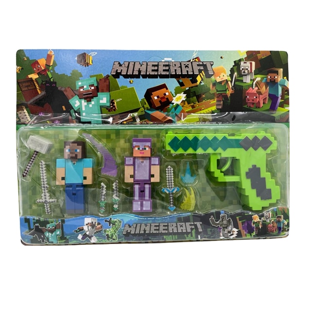 Set 2 figurine, pistol de jucarie si accesorii tip Minecraft ...