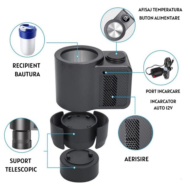 Termos cu cana si suport fixare masina, cu functie de incalzire si ...