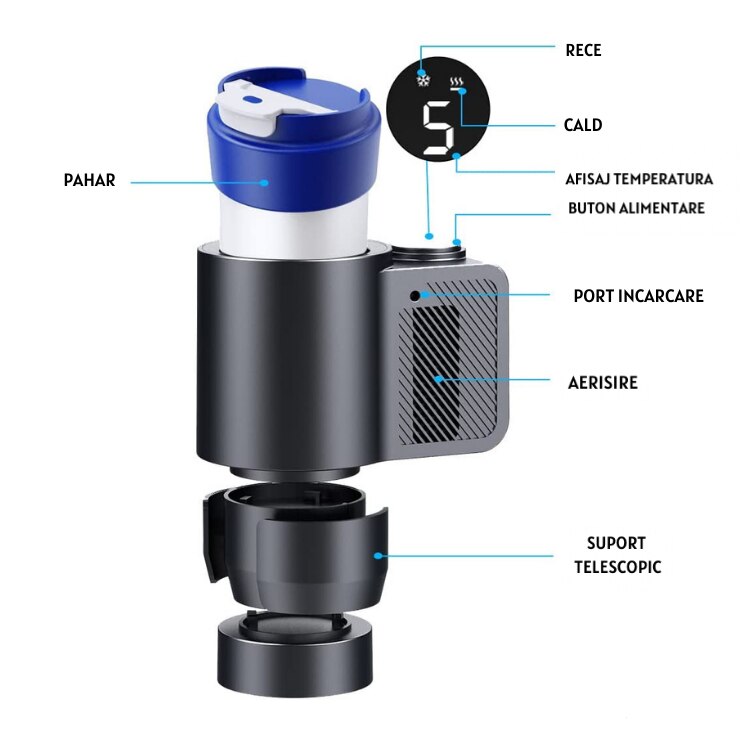 Termos cu cana si suport fixare masina, cu functie de incalzire si ...
