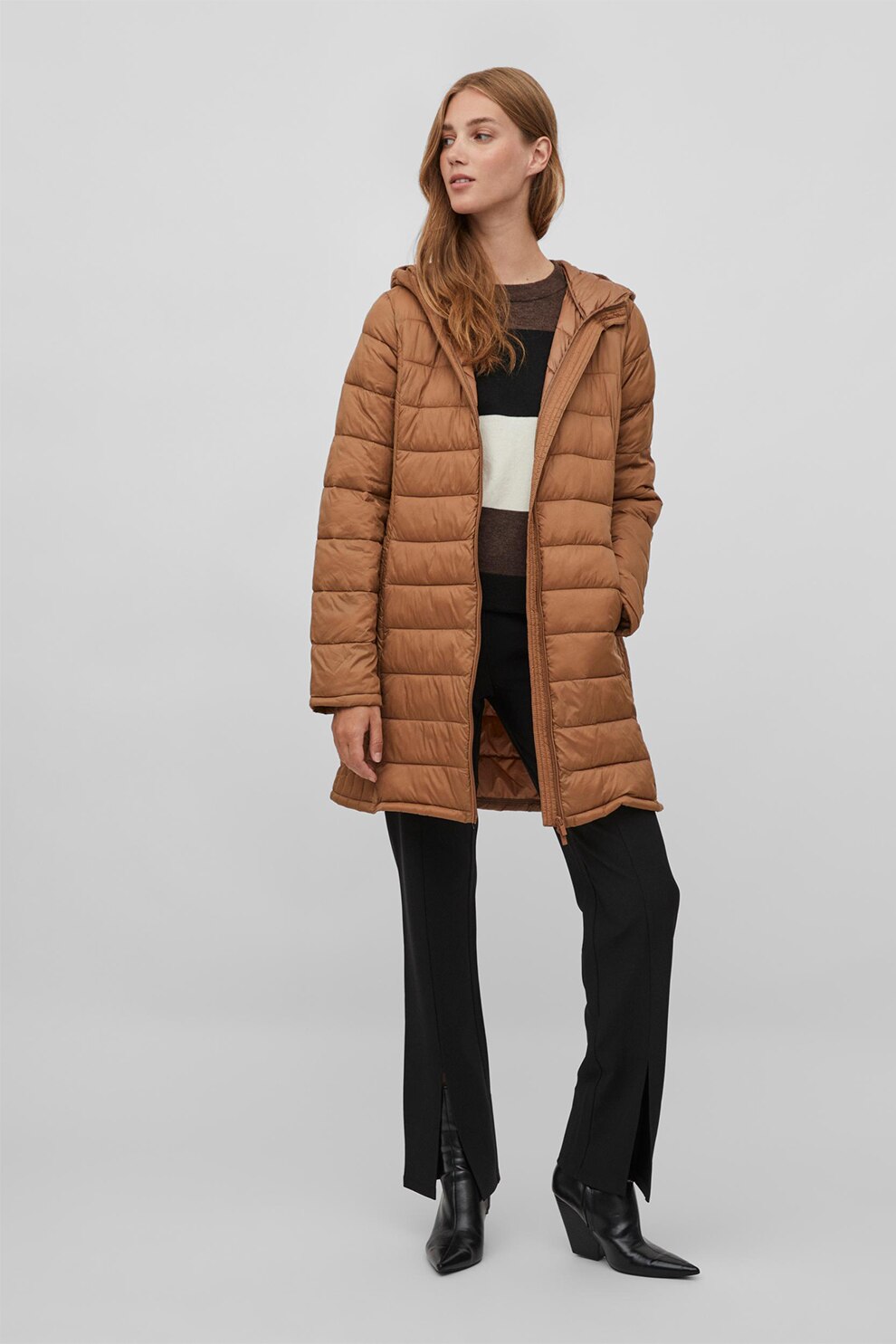 Vila, Geaca lunga matlasata cu gluga, Maro cognac, 34 - eMAG.ro