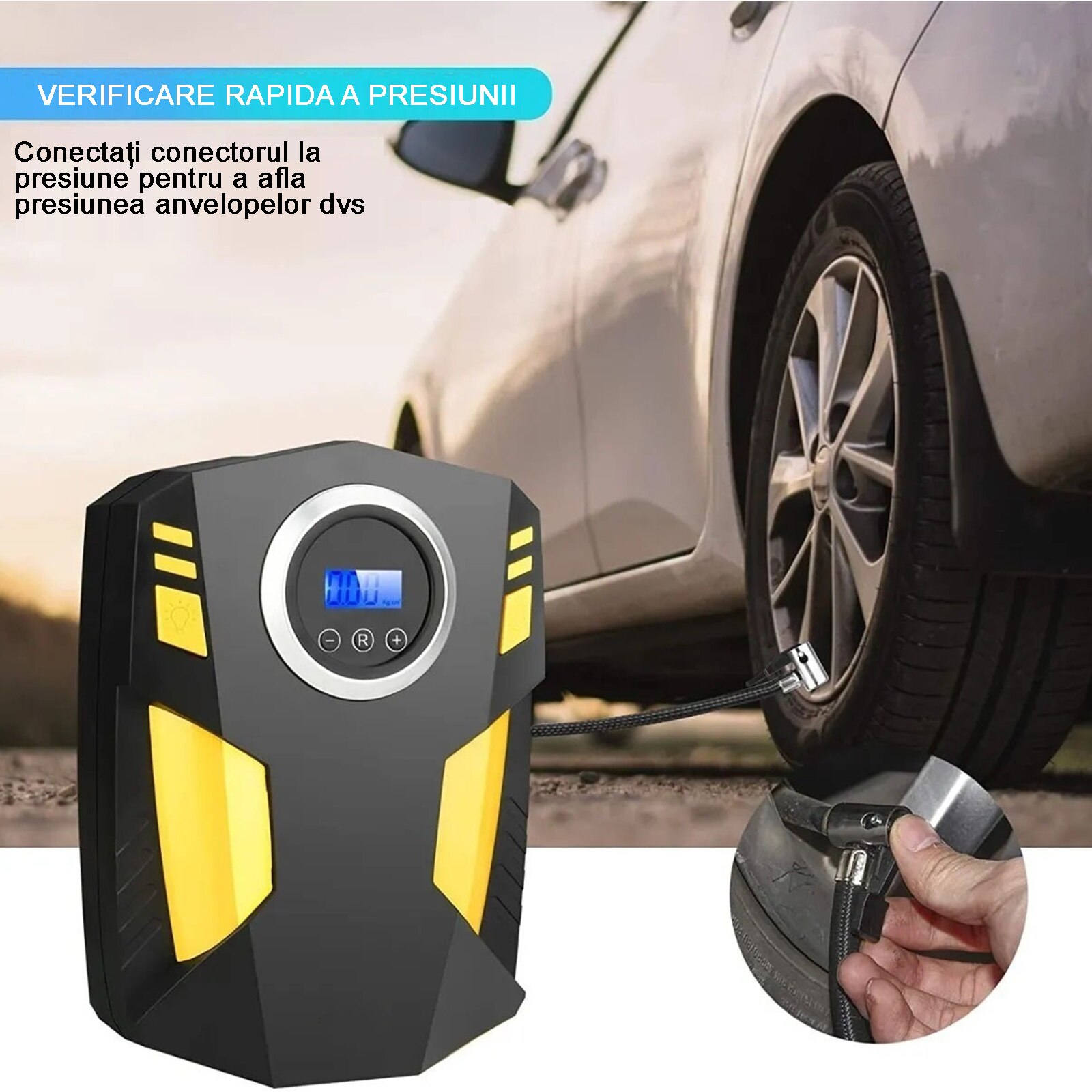 Compresor auto digital 3 in 1, GOXAWEE, G5213, lumina LED, DC 12V, 120W ...