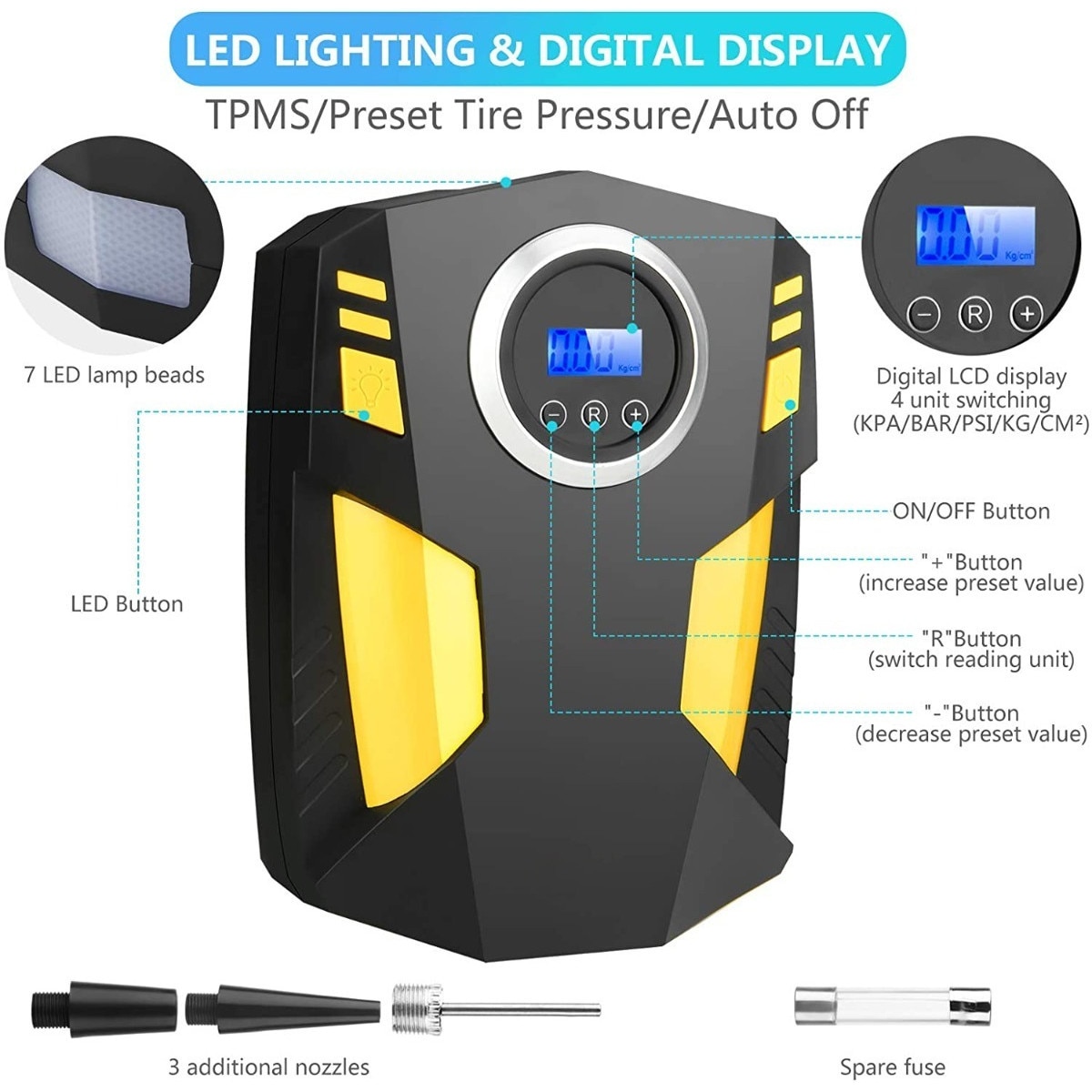Compresor auto digital 3 in 1, GOXAWEE, G5213, lumina LED, DC 12V, 120W ...