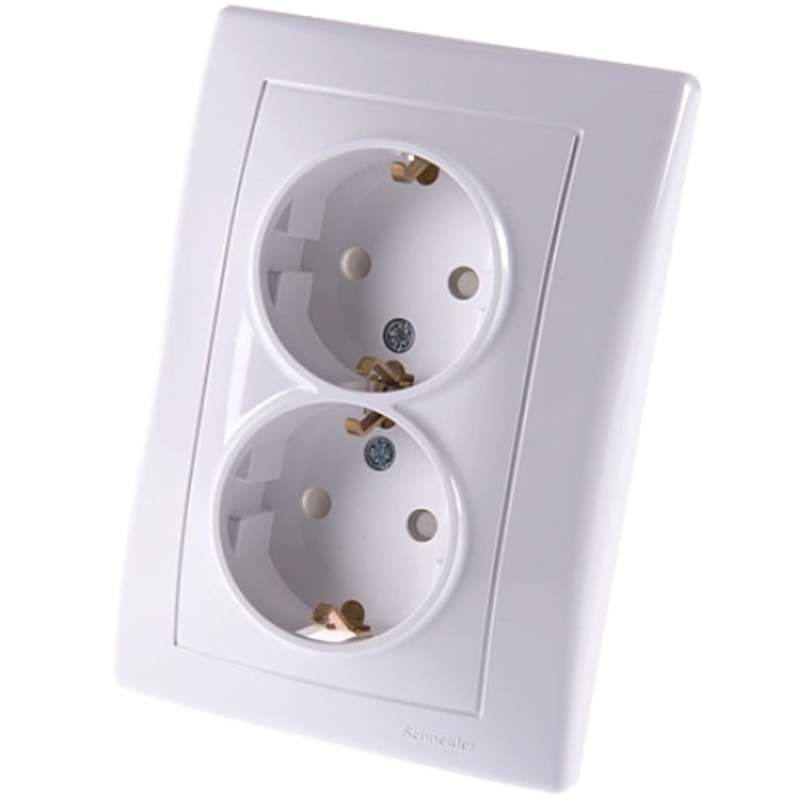 Priza Dubla 2x2P+E, cu obturatoare, Alb, Schneider Sedna SDN3000421 ...