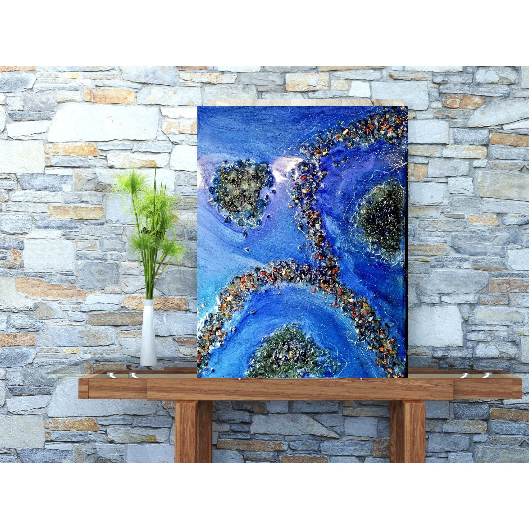 Tablou pictura abstracta Lazuli, cu rasina si cristale naturale, panza ...