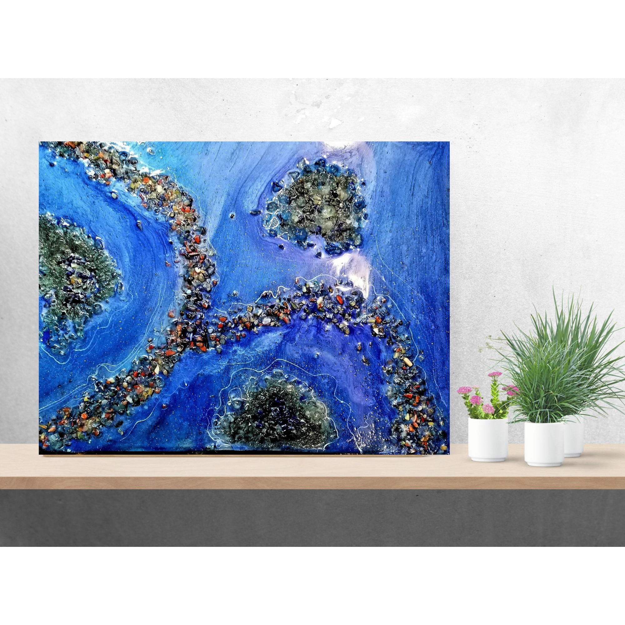 Tablou pictura abstracta Lazuli, cu rasina si cristale naturale, panza ...