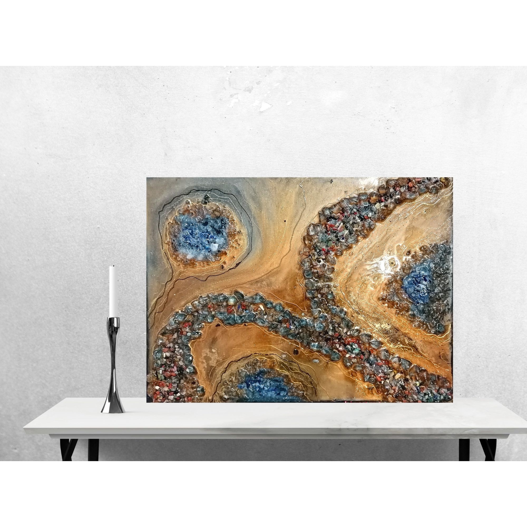 Tablou pictura abstracta Earth, cu rasina si cristale naturale, panza ...