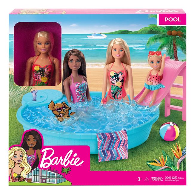 Set Papusa Barbie cu Piscina exotica, Mattel, 6 piese, 33x7x33 cm, 3 ...