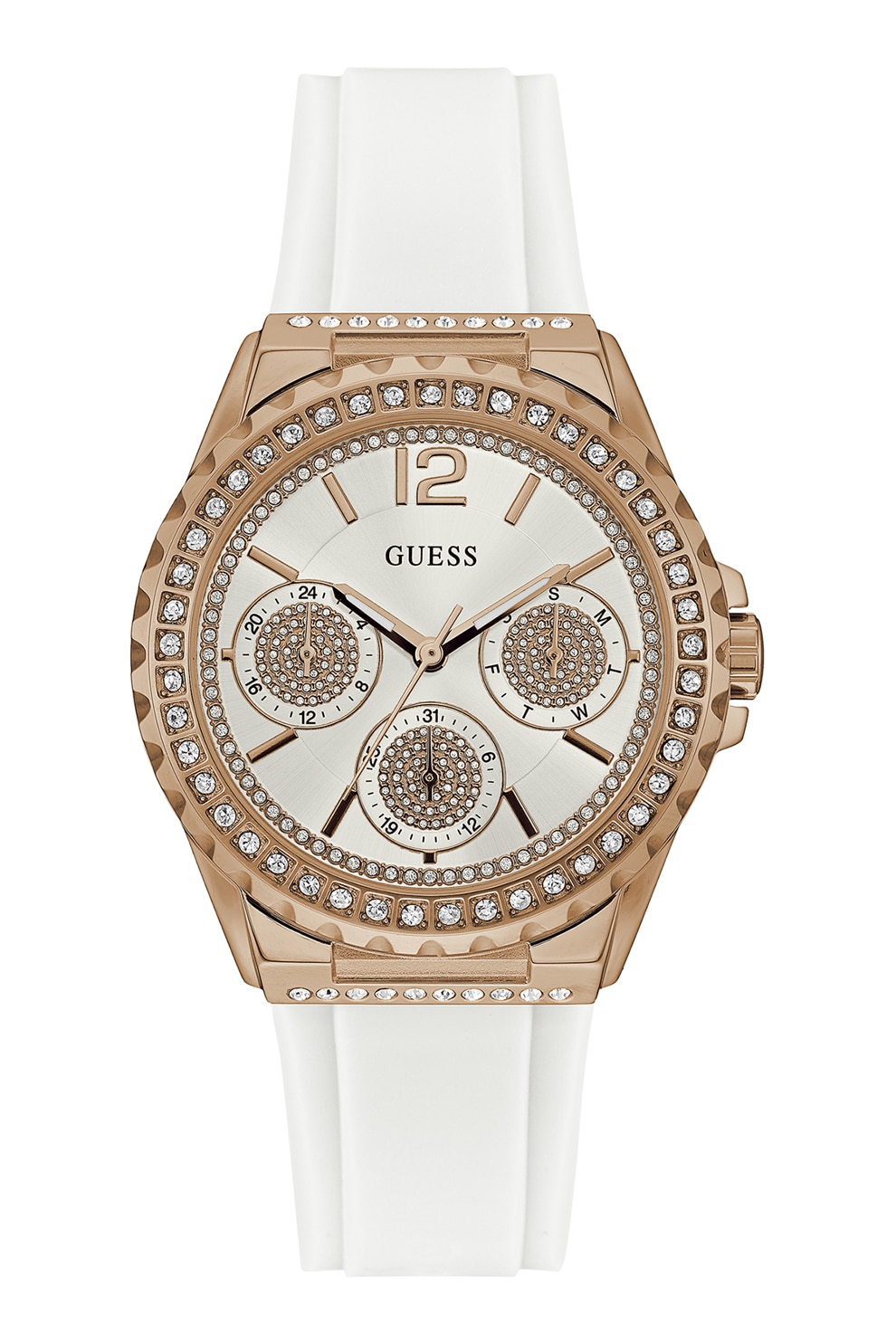 Guess, Ceas cu functii multiple si decorat cu cristale, Alb - eMAG.ro