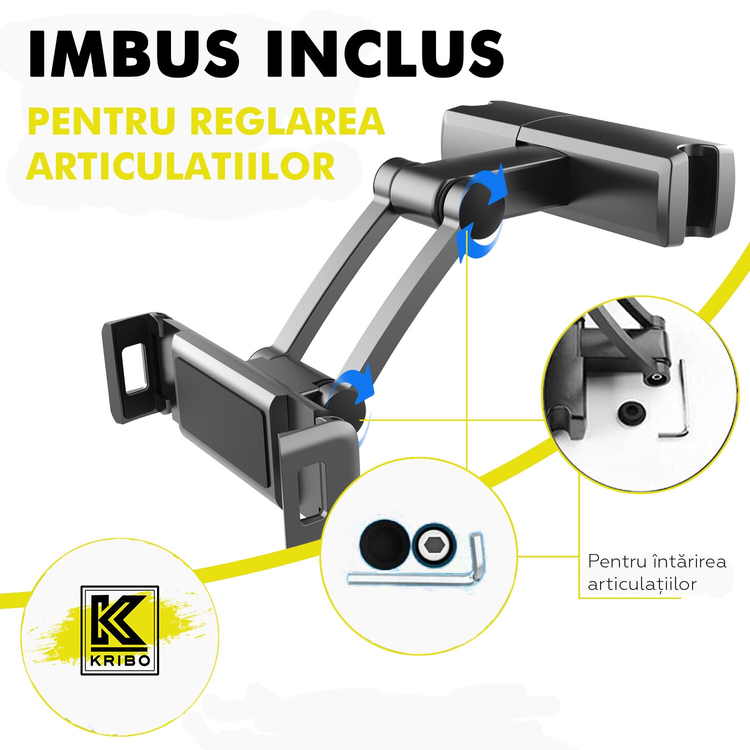 Suport auto tetiera pentru tableta si telefon, Kribo HR1 Tablet Holder ...