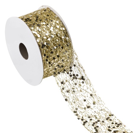 Panglica decorativa pentru brad, tip plasa aurie cu sclipici, 5m x 39mm ...