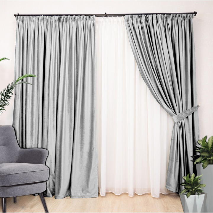 Set 2 draperii cu rejansa, catifea, gri deschis, 350x260 cm - eMAG.ro