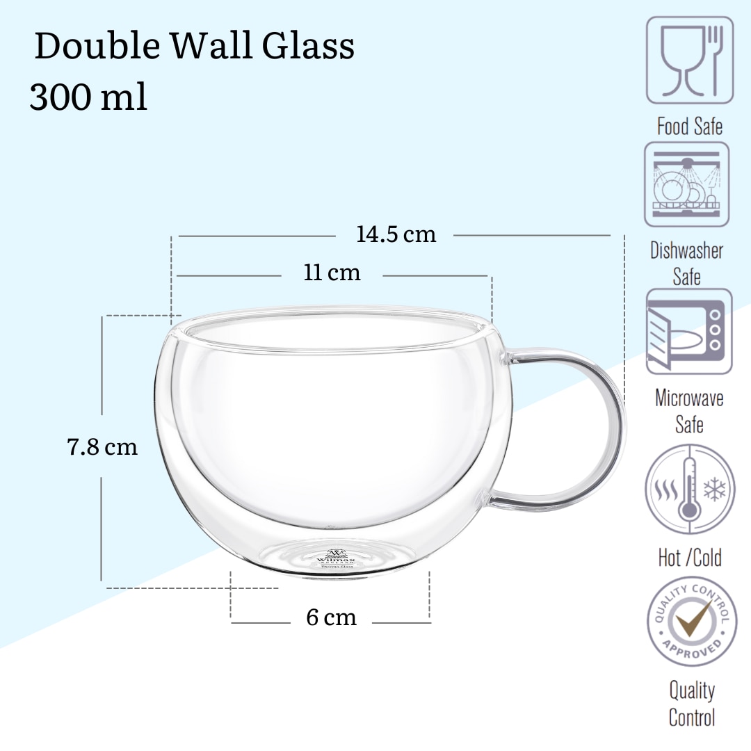 Set 2 cani cu pereti dubli cafea / ceai, Wilmax England, 300 ml, sticla termorezistenta ...