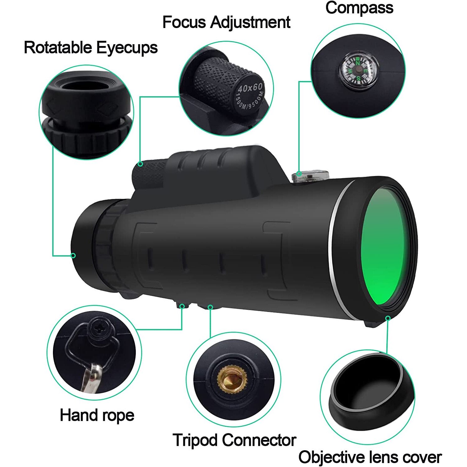 Monoclu, Excitat®, 40x60, Ocular extra mare de 22 mm, 1000m, Cu busola ...