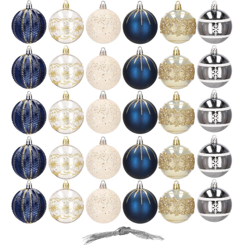Комплект 30 коледни топки 6 см 6 модела с връв тъмносини, златни ...