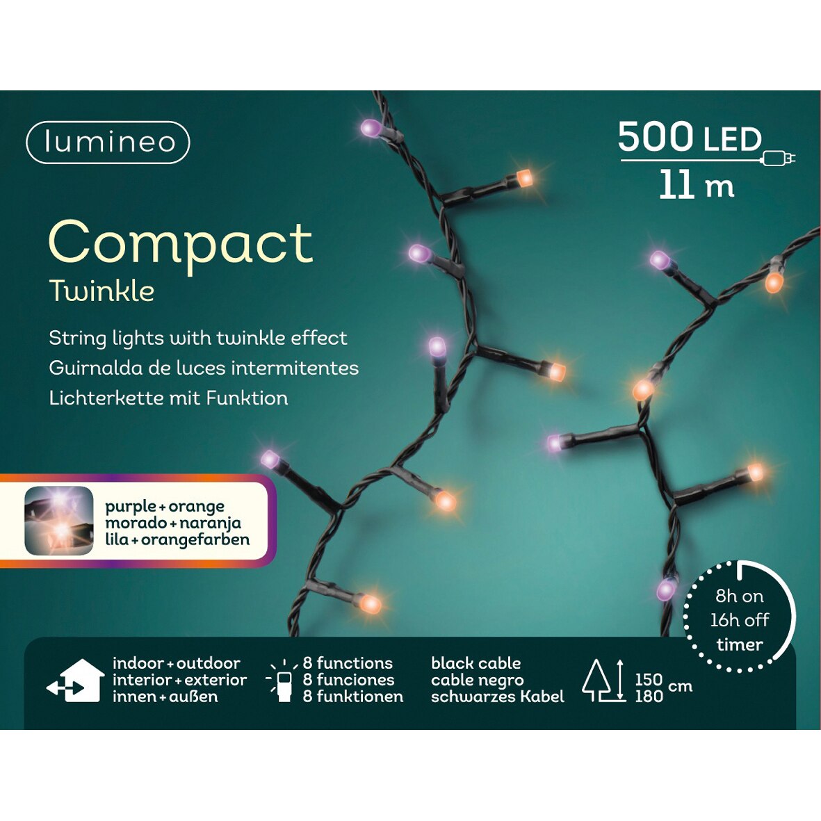Instalatie Craciun Lumineo, 500 LED-uri, 1100 cm, lumina multicolora, 8 ...