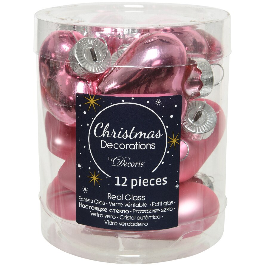 Set 12 decoratiuni Craciun Decoris, inimioara, sticla, 4 cm, roz - eMAG.ro