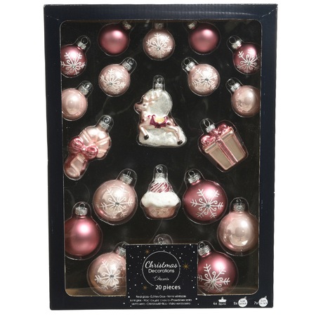 Set 20 decoratiuni Craciun Decoris, sticla, dimensiuni asortate, roz ...