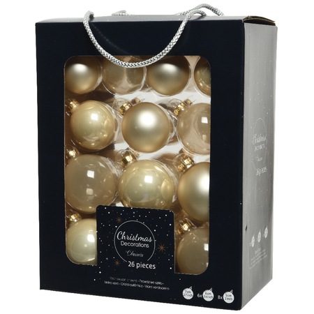 Комплект 26 коледни топки, Пластмаса, Различни размери, Перлен цвят ...