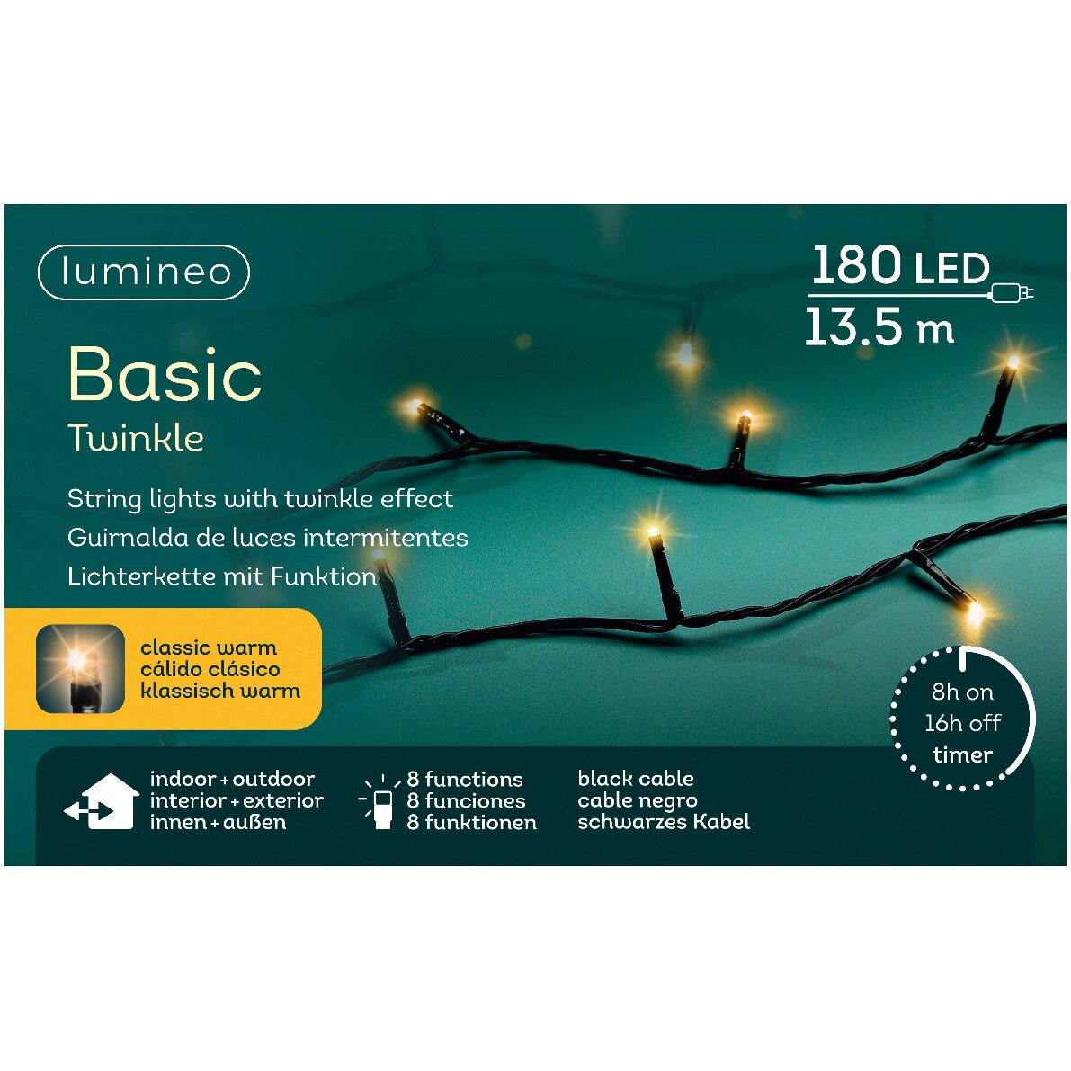 Instalatie Craciun Lumineo, 180 LED-uri, 1350 cm, lumina calda, 8 ...