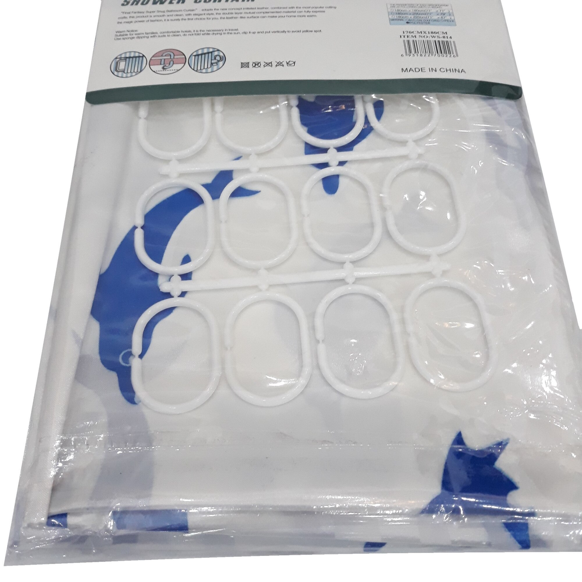 Perdea de dus, poliester,170x180 cm, alb cu delfini, cu 12 inele de ...