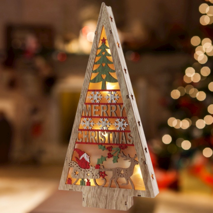 Фигурка, Elemag, Елха, Коледна украса, Дървена, Светеща - eMAG.bg