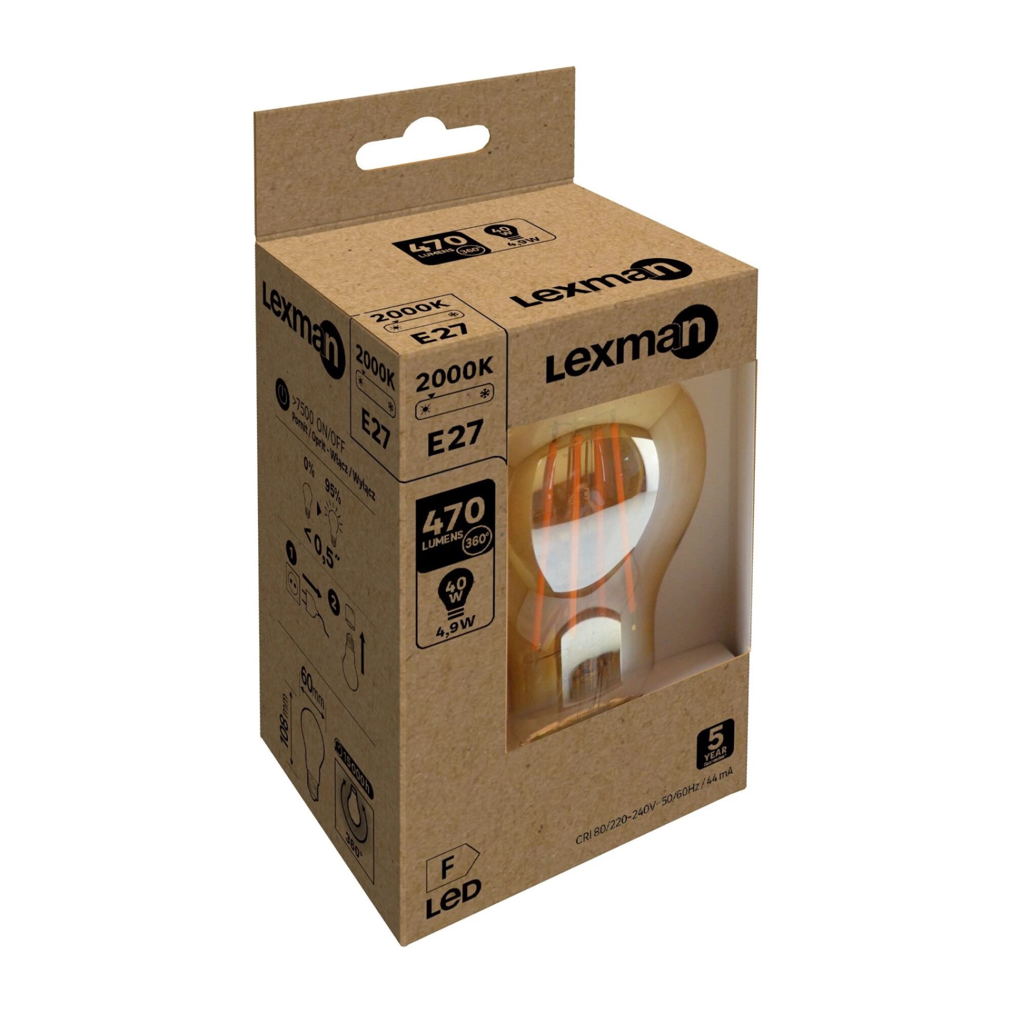 Bec LED decorativ, Lexman, E27, alb cald, 2000K, 4.9 W, 470 lm, tip ...
