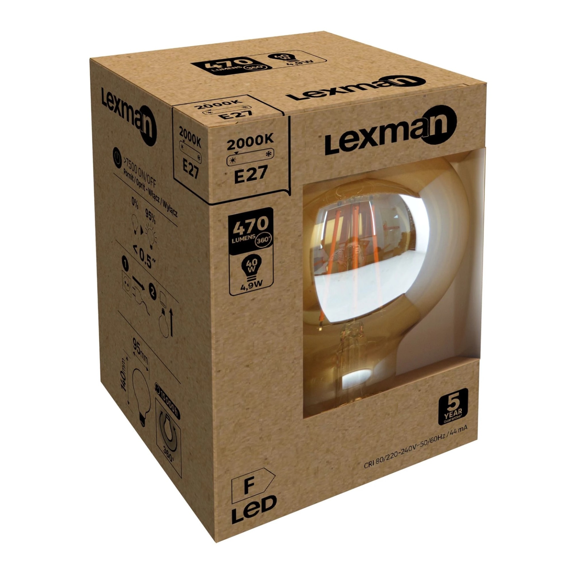 Декоративна LED крушка, Lexman, E27, топло бяла, 2000K, 4.9 W, 470 lm ...