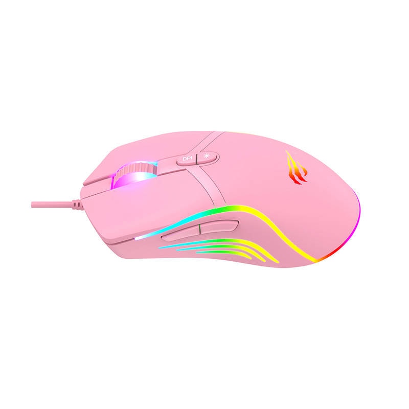 Mouse de gaming cu fir, Havit, MS1026 roz, RGB, 1000-6400 DPI ...