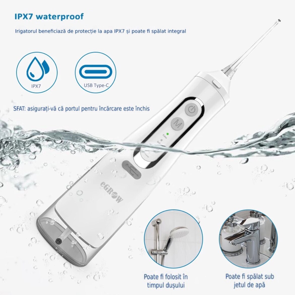 Irigator Bucal Profesional eGROW Portabil, 4 Programe de Lucru ...