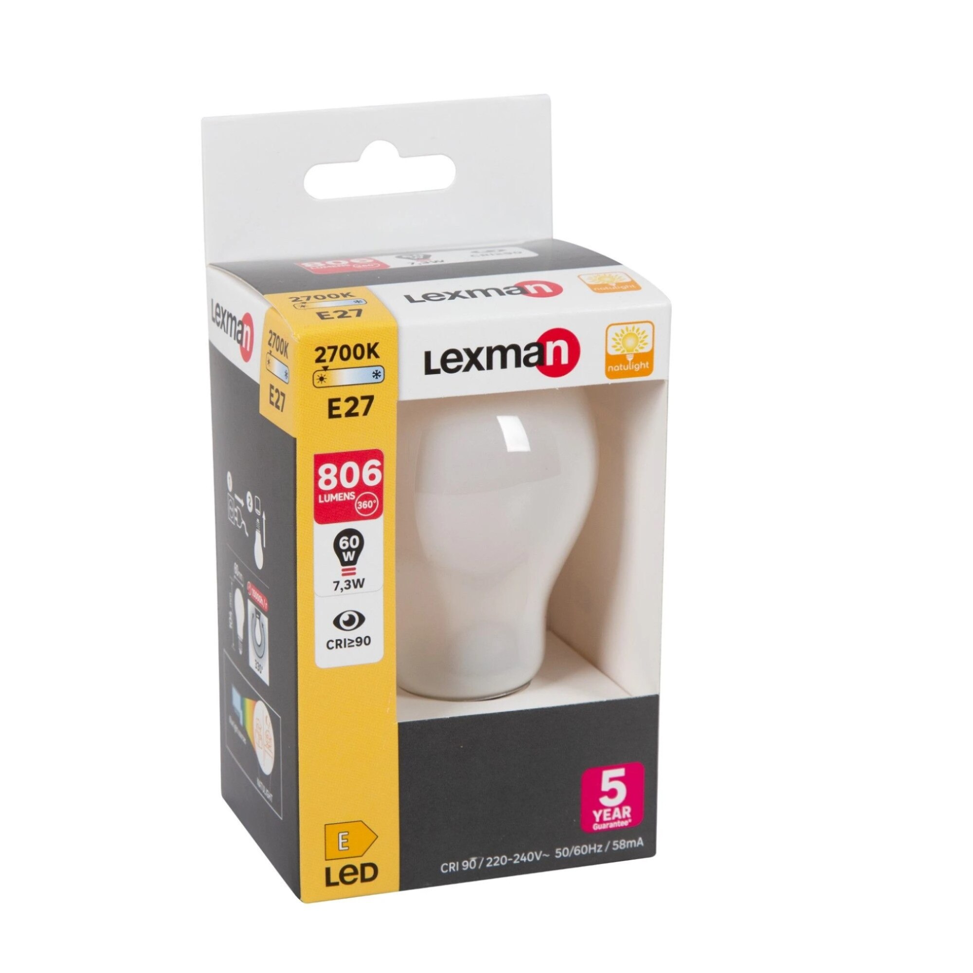 Bec LED Lexman, E27, alb cald, 2700k, 7.2 W, 806 lumeni, tip clasic ...