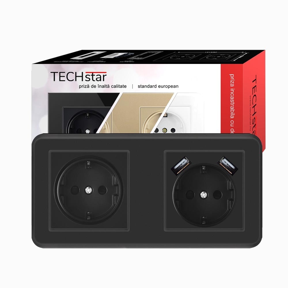 Priza Techstar® PCU2, Dubla, 2 x USB, 2.1 A, Culoare Negru, Policarbonat, 16A - eMAG.ro