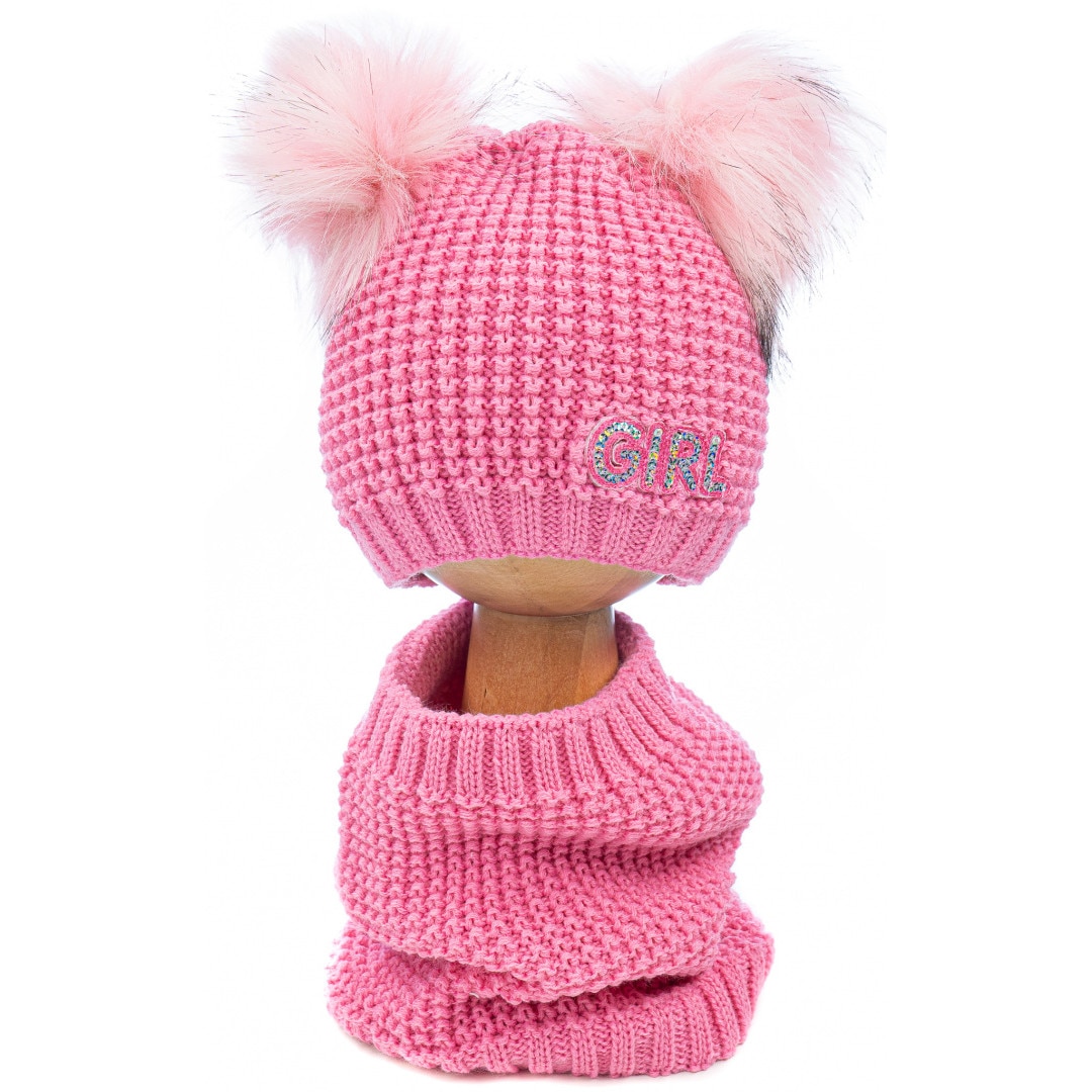 Set caciula si fular pentru copii Proman, 1-2 ani, Acril, Roz inchis ...