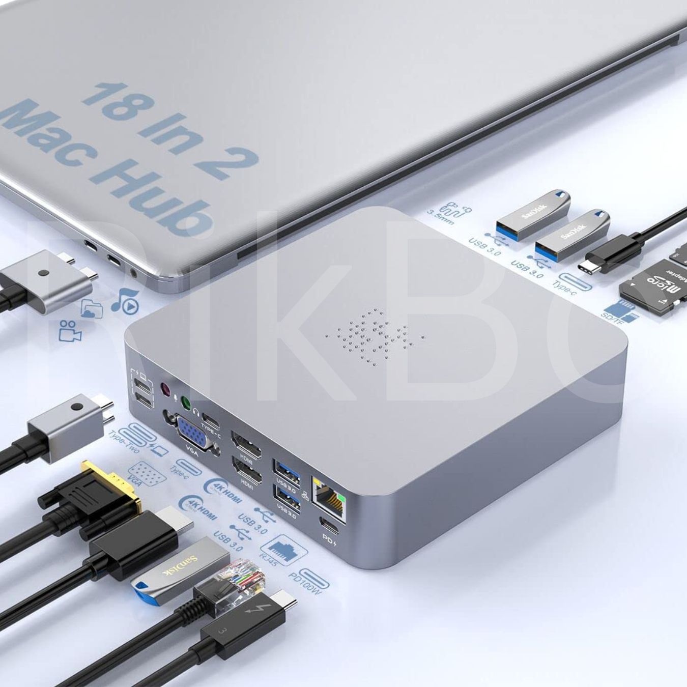 Docking Station USBC 16 porturi RikBo®, 1x Gigabit Ethernet, 2 x 4K ...