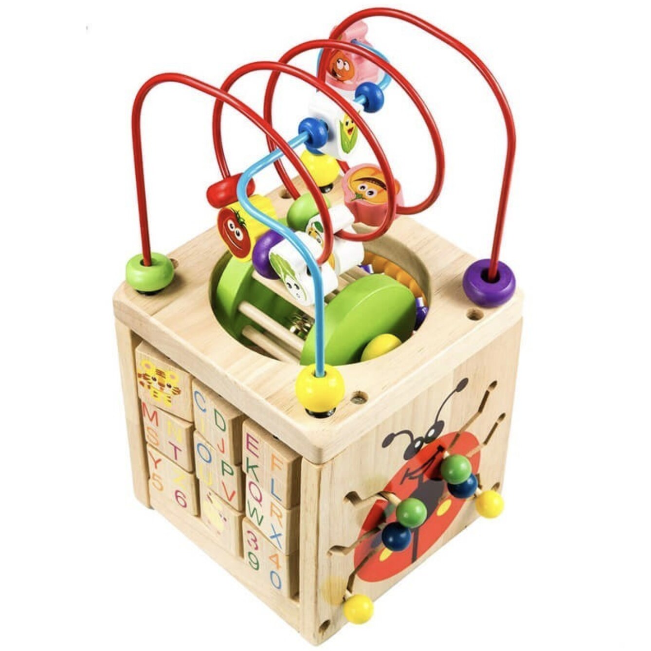 Cub cu activitati diverse 6 in 1 cu cilindru, Buburuza, din lemn - eMAG.ro