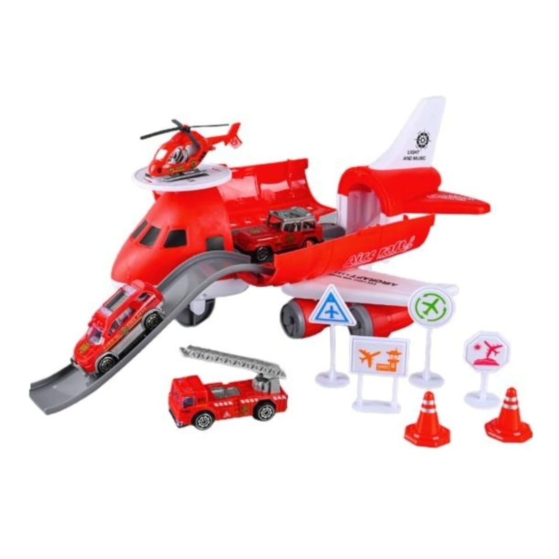 Set Avion Cargo cu 3 masinute, un elicopter, pista si semne de ...