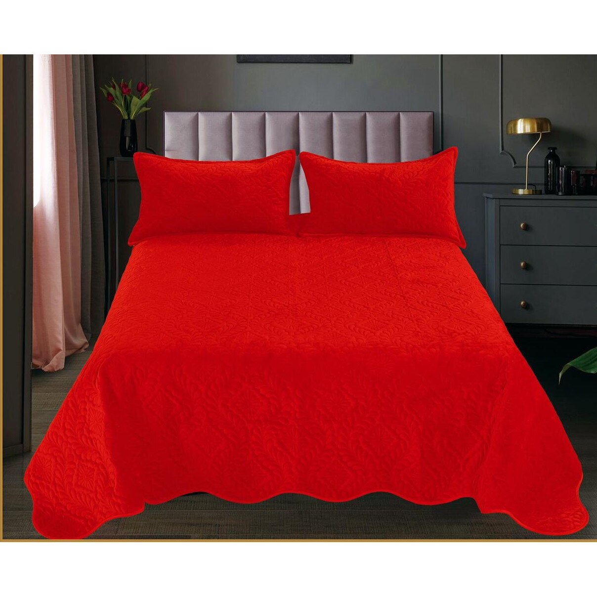 Set de 2 Persoane Cuvertura de Pat Catifea 3 Piese, 2 Fete de Perna, Casa By Cova Design, Rosu ...