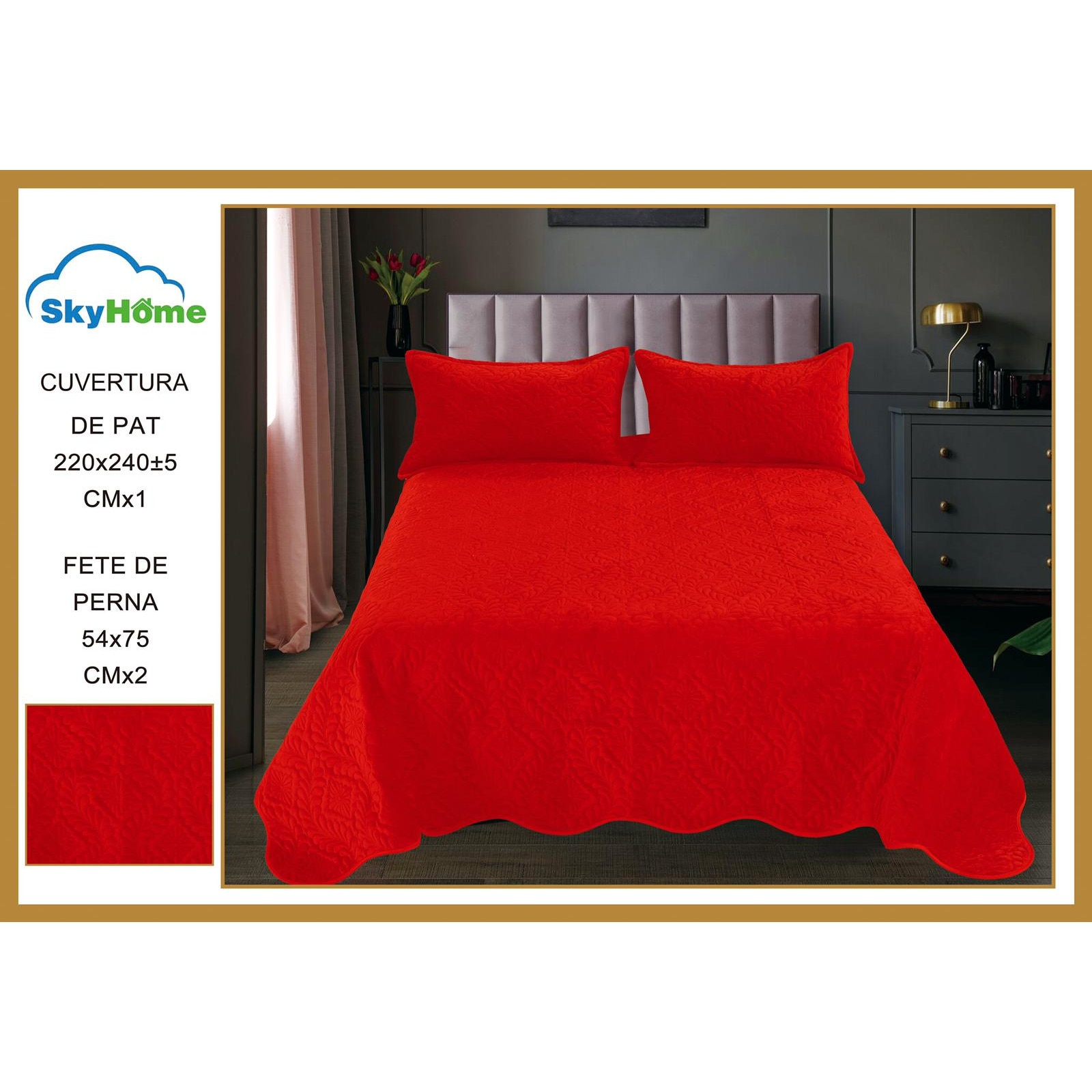 Set de 2 Persoane Cuvertura de Pat Catifea 3 Piese, 2 Fete de Perna, Casa By Cova Design, Rosu ...