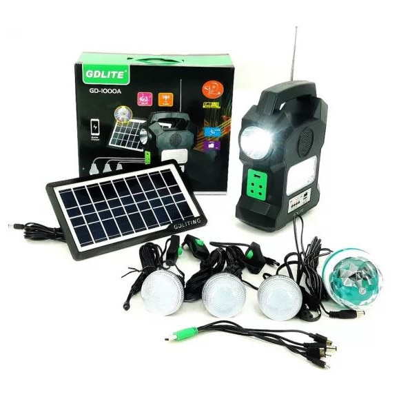 Kit solar portabil Gdlite GD-1000A, USB, bluetooth, radio FM, MP3, 4 ...