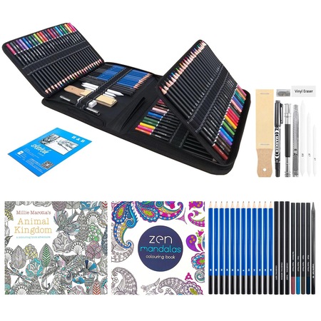 Set creioane pentru desen, schite, 148 de piese, colorate, cu carti de ...