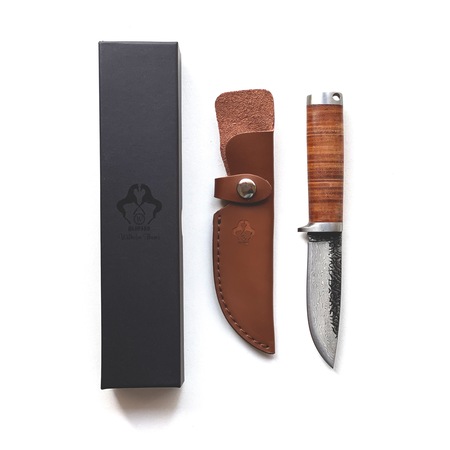 Cutit traditional cu lama din otel damasc, teaca din piele, 4.5mm, Maro ...