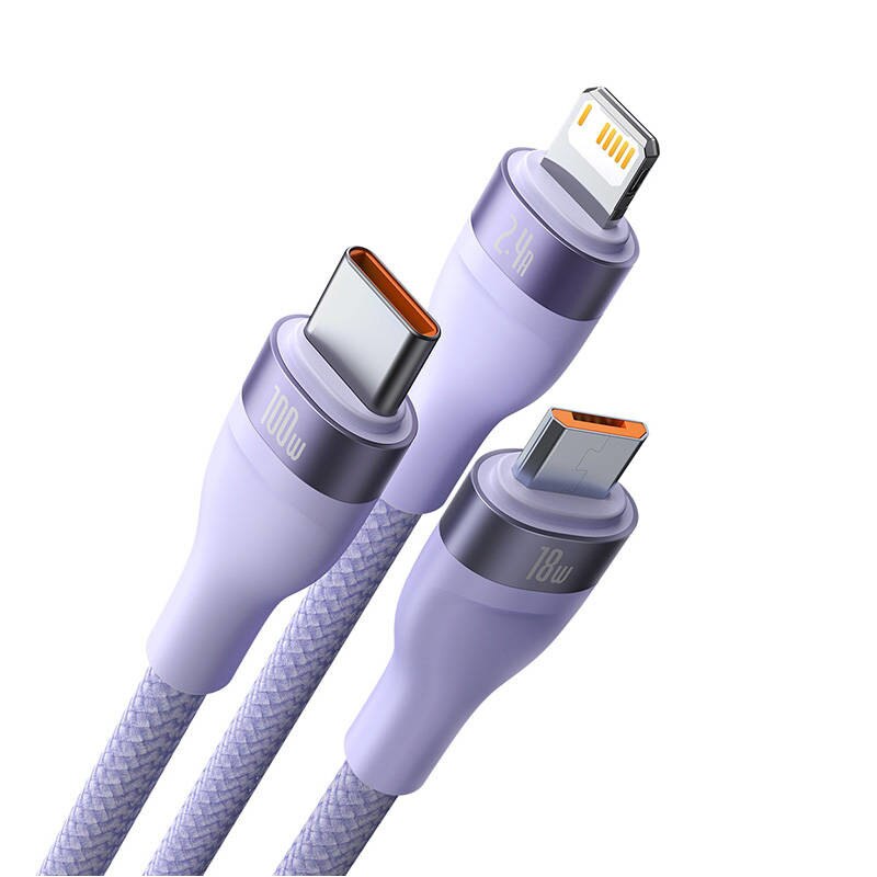 Cablu USB-C / Lightning / Micro, Baseus, 3 in 1, 100W, 1.2 m, Violet ...