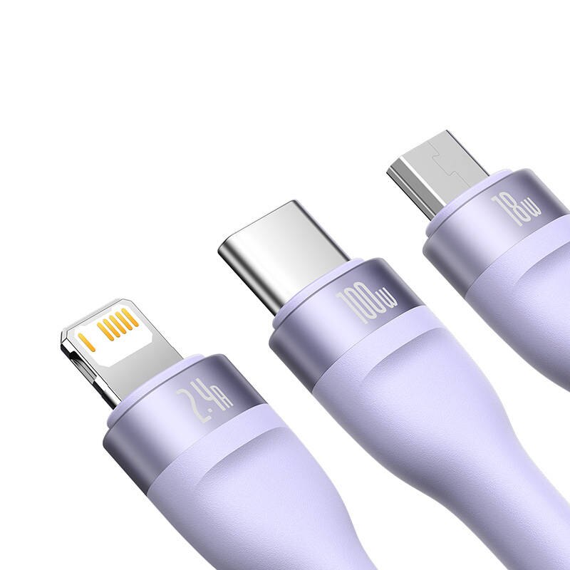 Cablu USB-C / Lightning / Micro, Baseus, 3 in 1, 100W, 1.2 m, Violet ...